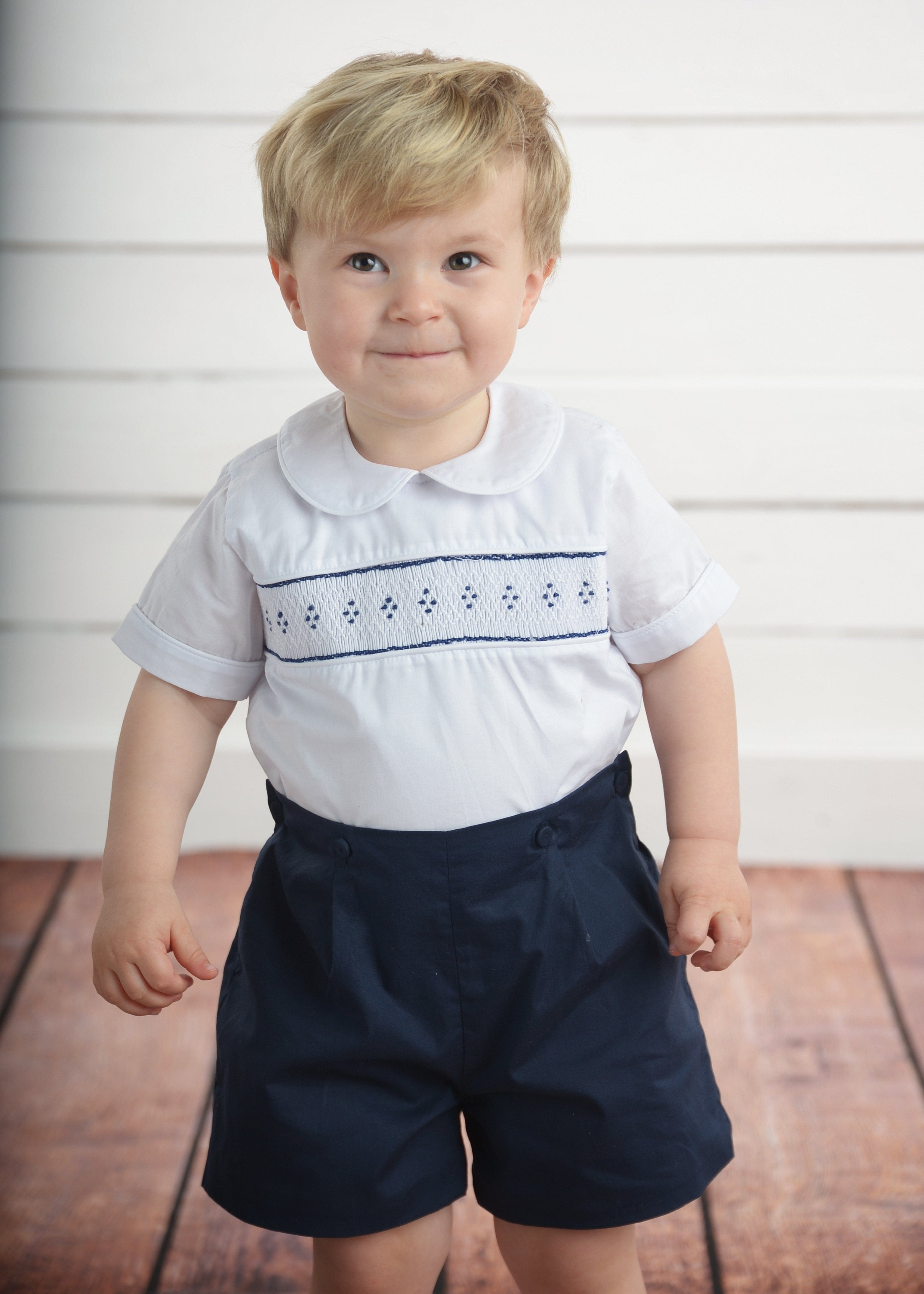 Toddler Boys Heirloom Outfits Navy Button-on white smocking – Strasburg ...