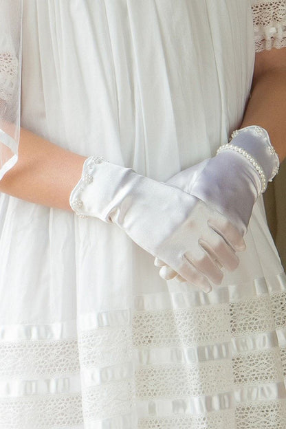 Satin Gloves with Pearls for First Holy Communion Baptism White Glove ...