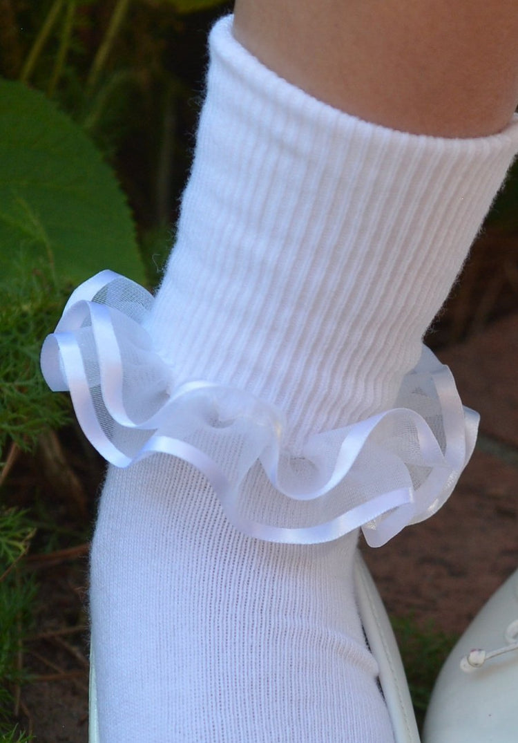 Girls White Lace Dress Socks w/ Satin ribbon trim Baptism Flower Girl ...